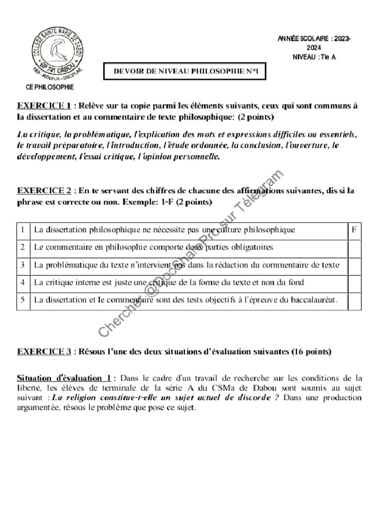 Devoir de Philo Serie A collège Sainte Marie de Dabou | PDF