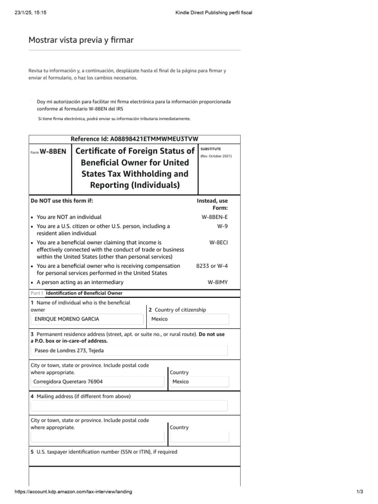W8ben Amazon Kindle | PDF | Tax Treaty | Taxes