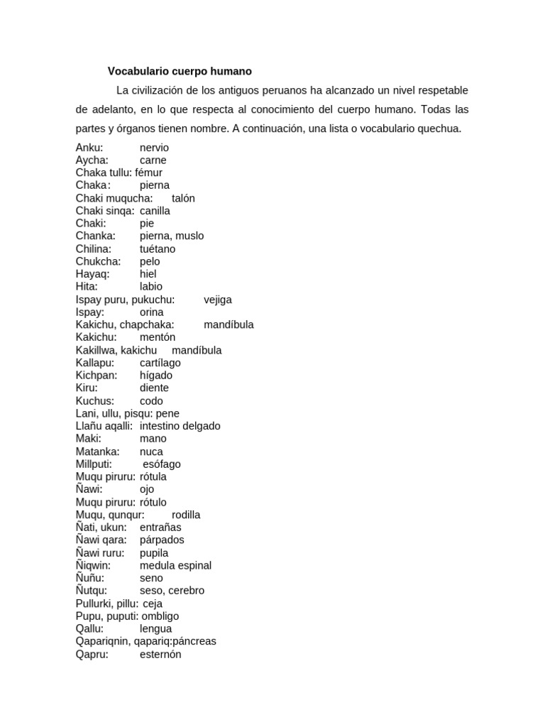 Vocabulario del cuerpo en quechua | PDF | Anatomía humana | Anatomía
