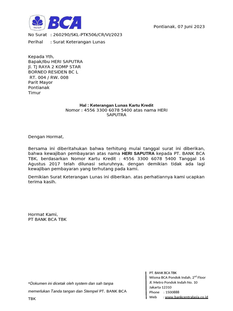 Surat Lunas Bca Finance II | PDF