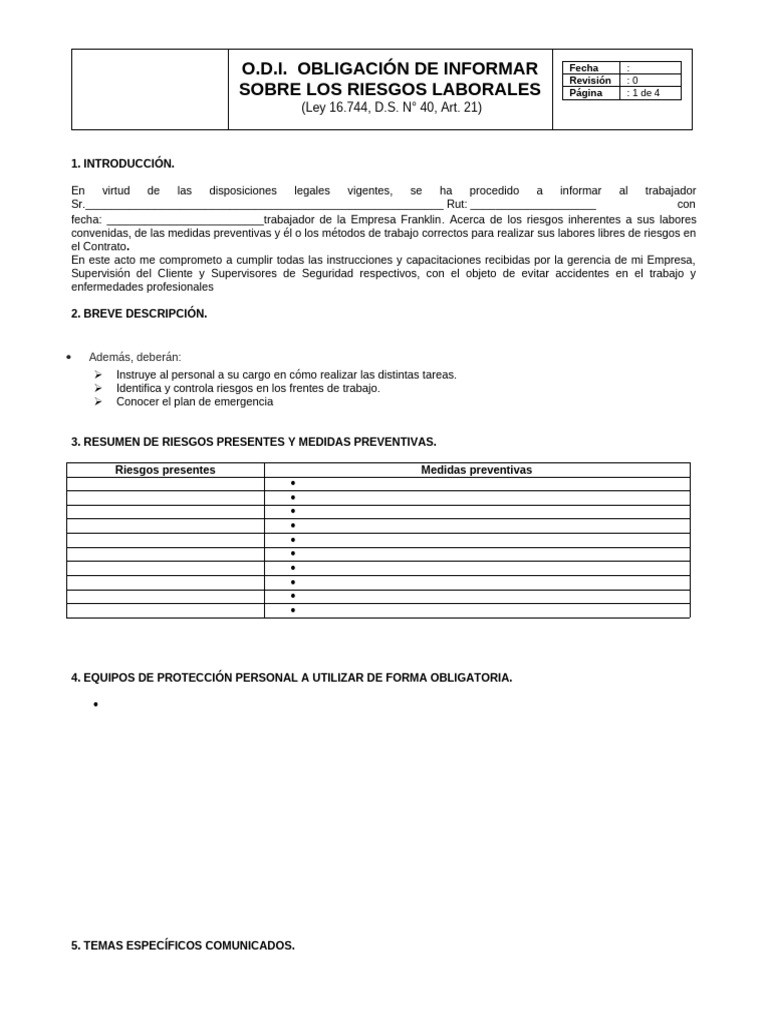 O.D.I. Obligación de Informar Sobre Los Riesgos Laborales | PDF | La seguridad