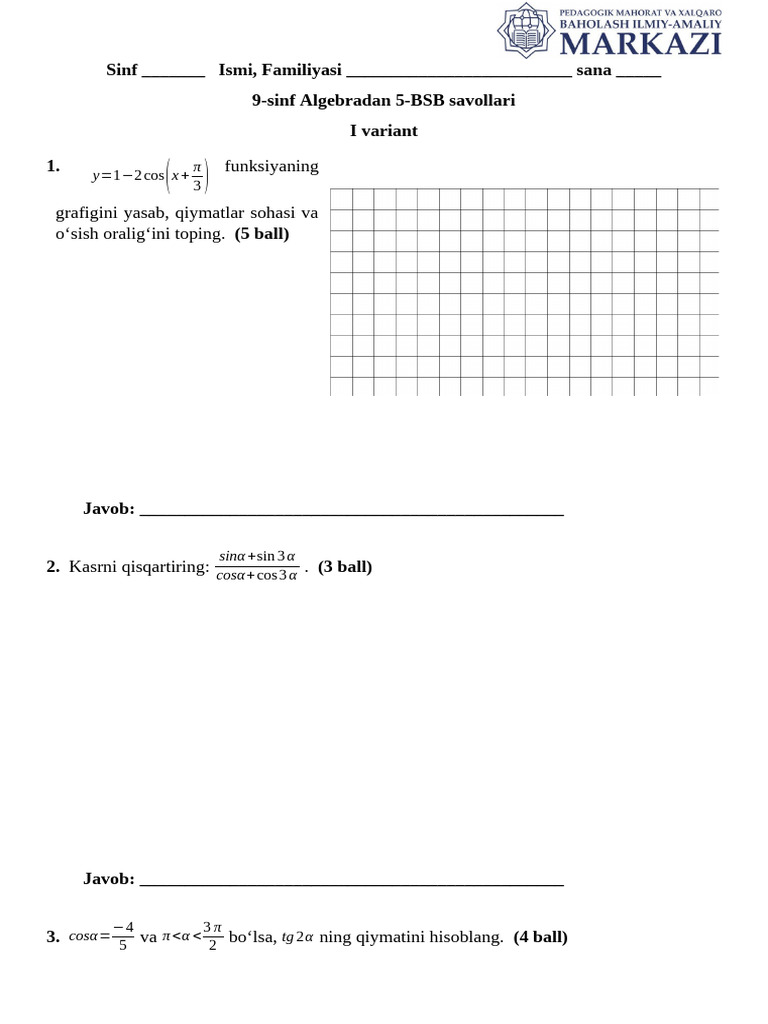 III Chorak 9 Sinf Algebra Ixtisos 5 BSB Original I Variant | PDF