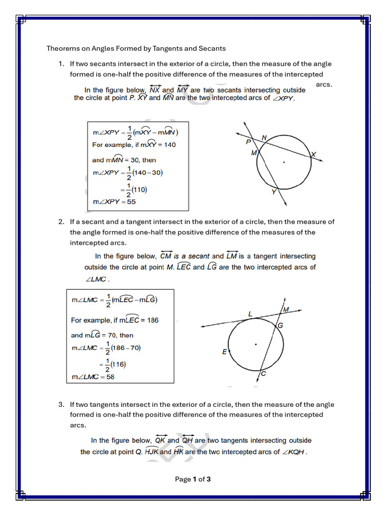Angles from Tangents and Secants Theorems | PDF