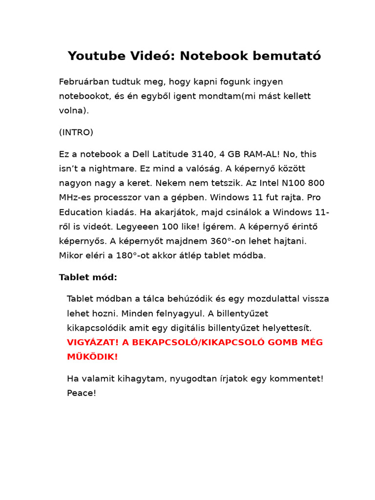 Youtube Videó Notebook Bemutató | PDF