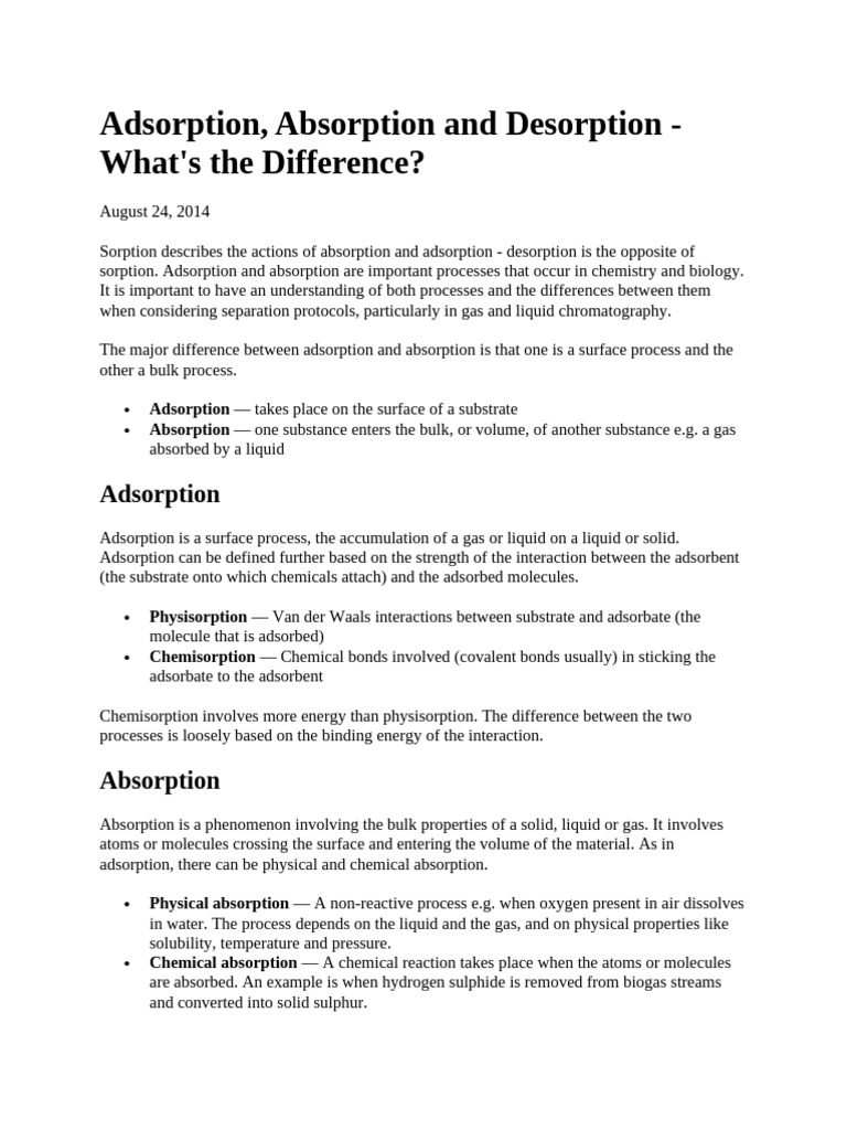 Adsorption, Absorption, Desorption | PDF | Adsorption | Absorption ...
