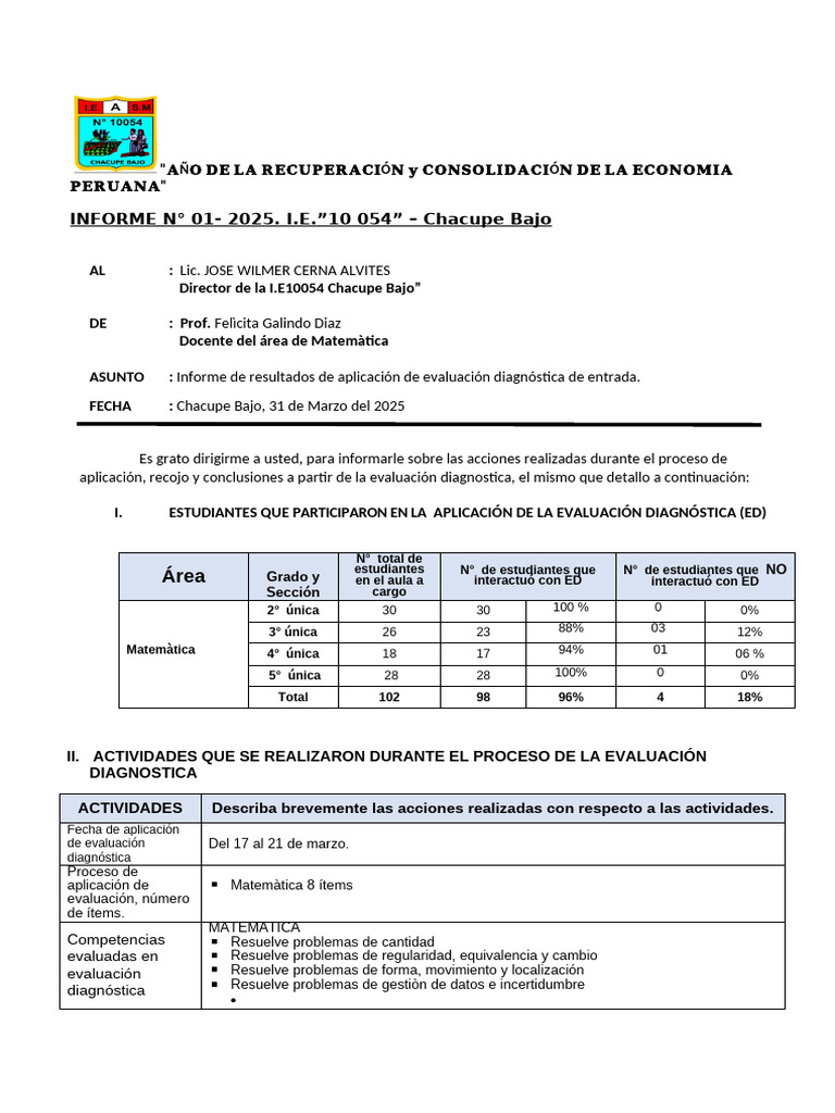 Informe de Eval. Diagn. 2023 | PDF | Ecuaciones | Matemática Elemental