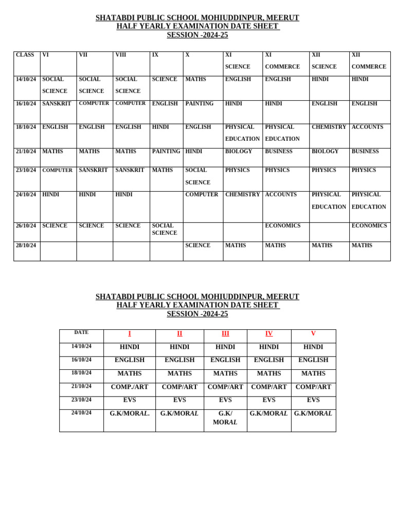 Half Yearly Date Sheet 2024 | PDF