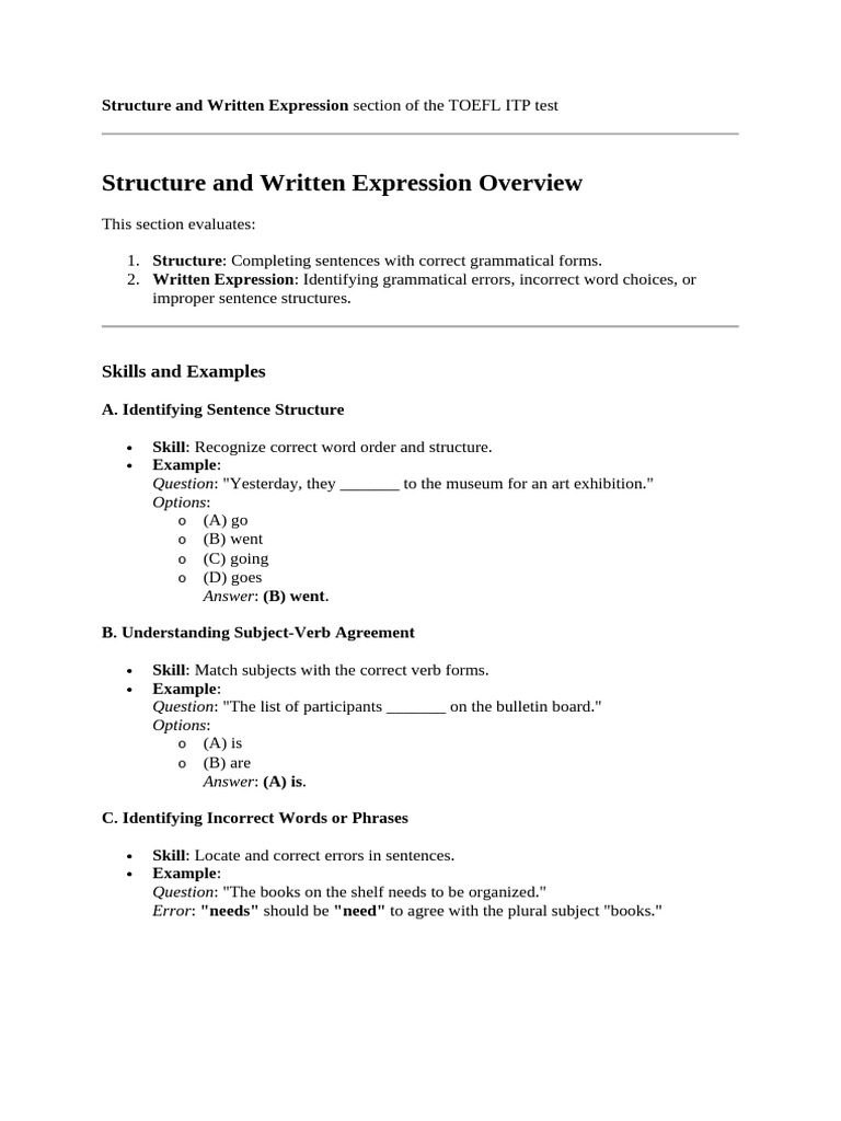 Structure and Written Expression Section of The TOEFL ITP Test | PDF ...