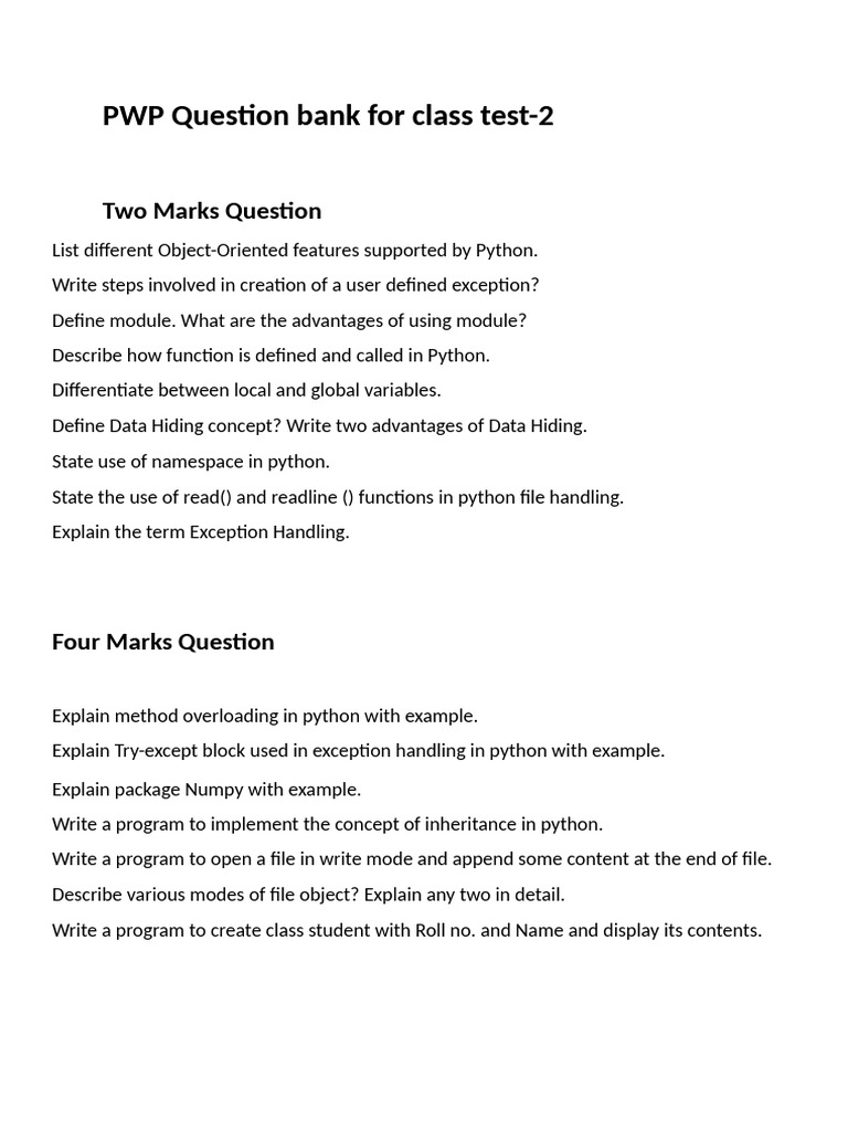 PWP Question Bank Class Test 2 | PDF