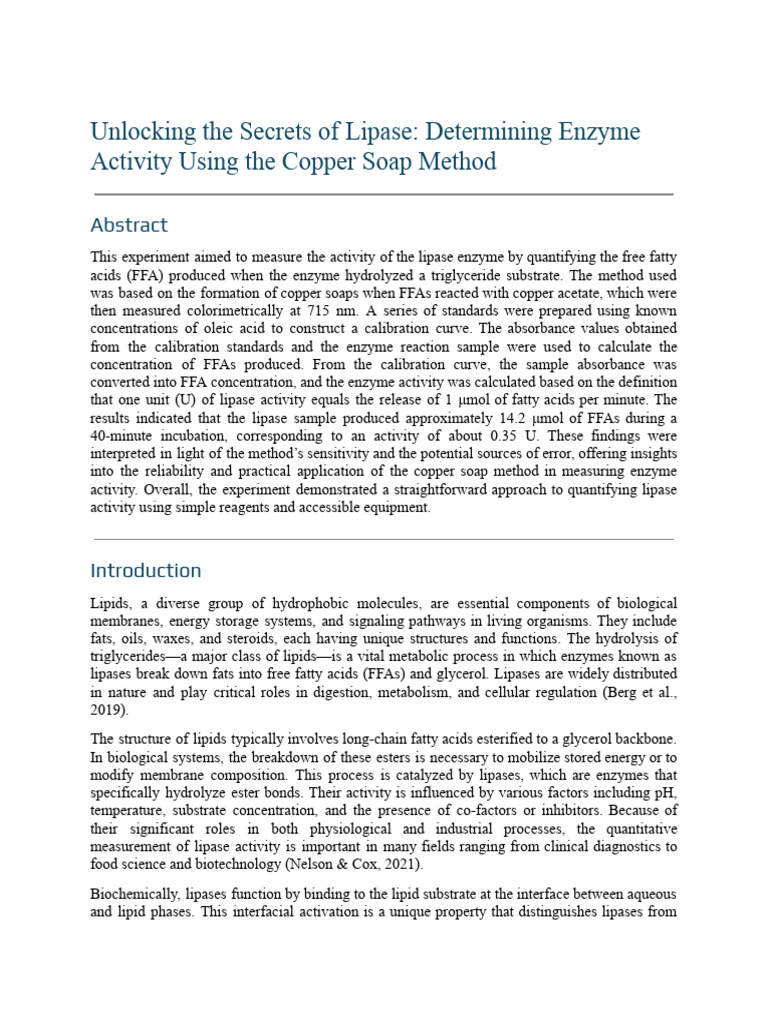 Measuring Lipase Activity via Copper Soap Method | PDF | Lipid | Enzyme ...