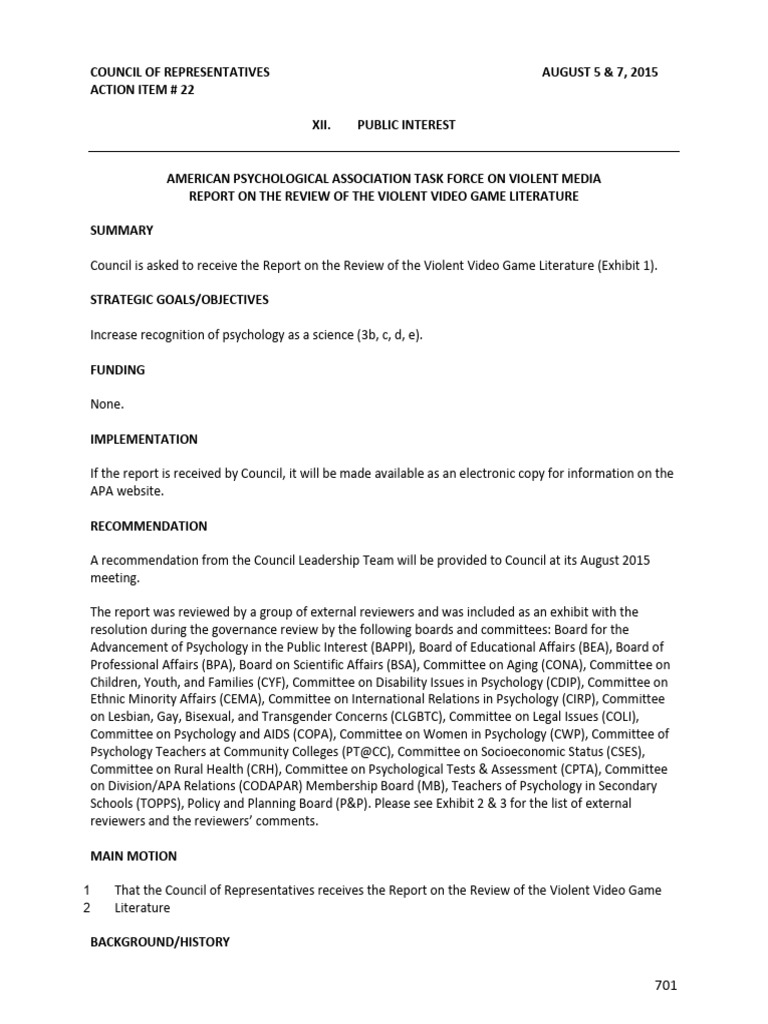 AMERICAN PSYCHOLOGICAL ASSOCIATION TASK FORCE ON VIOLENT MEDIA REPORT ...