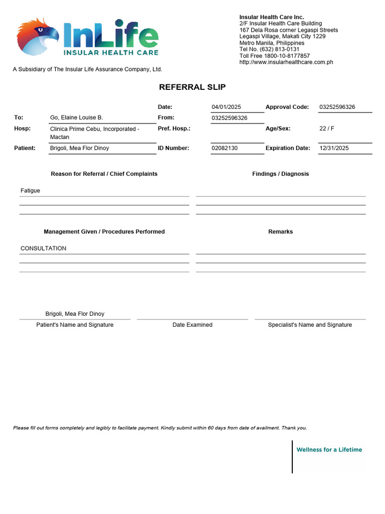 Referral Slip for Clinica Prime Cebu | PDF