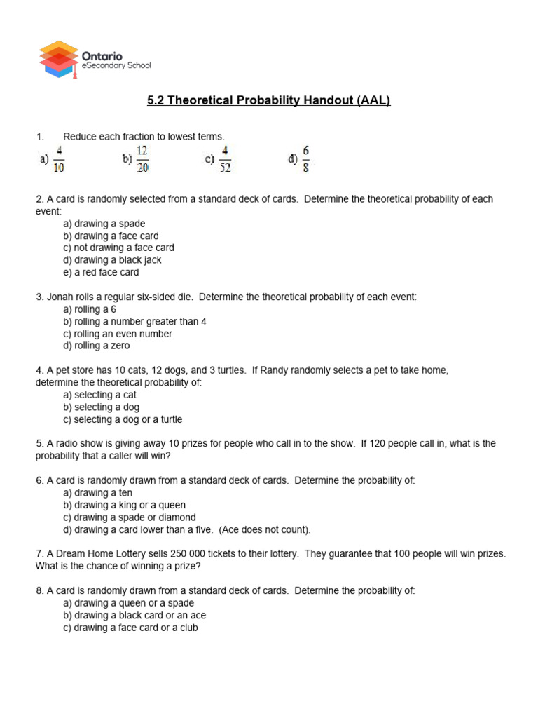 5.2.2 Theoretical Probability Handout (AAL) | PDF | Dice | Probability