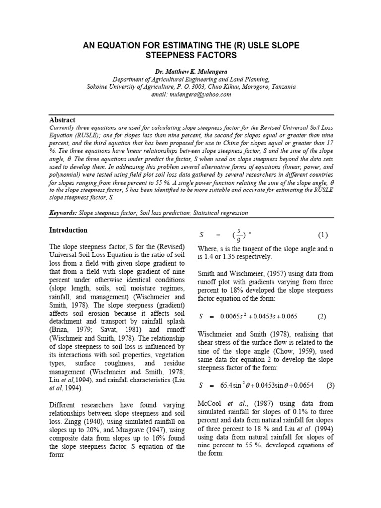 RUSLE Slope Steepness Factor Equation | PDF | Slope | Equations