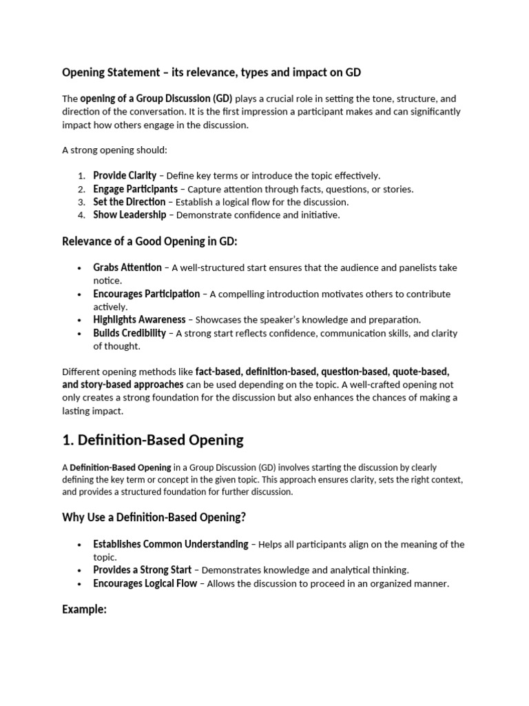 Opening Statement - Detailed Notes For A Group Discussion | PDF ...
