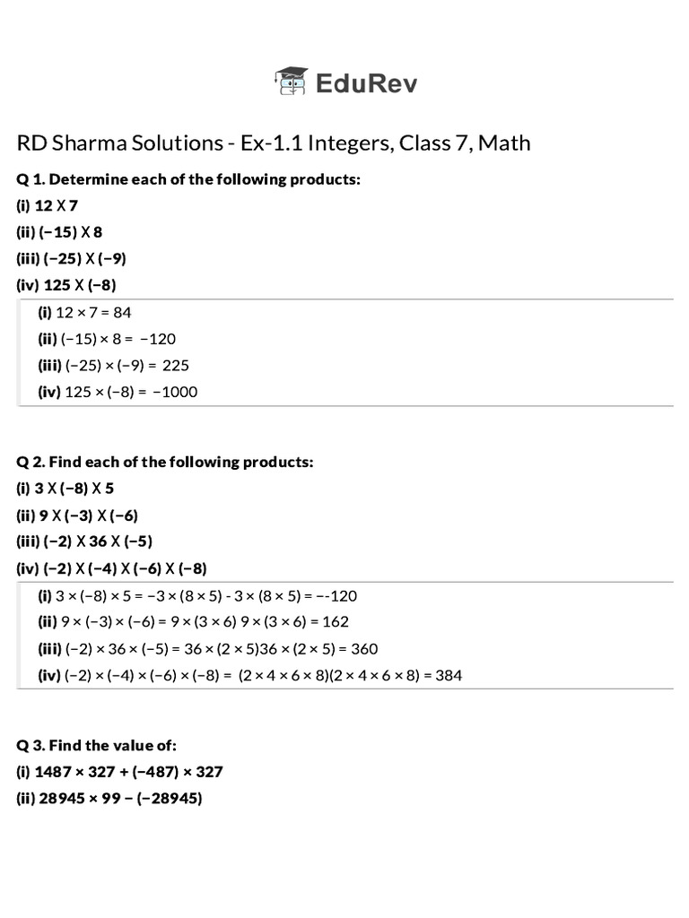 Ex-1.1 Integers, Class 7, Math RD Sharma Solutions - RD Sharma Solutions For Class 7 Mathematics ...