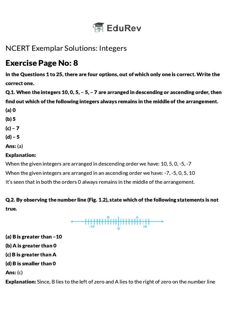 NCERT Exemplar Solutions - Integers - Mathematics (Maths) Class 7 PDF ...