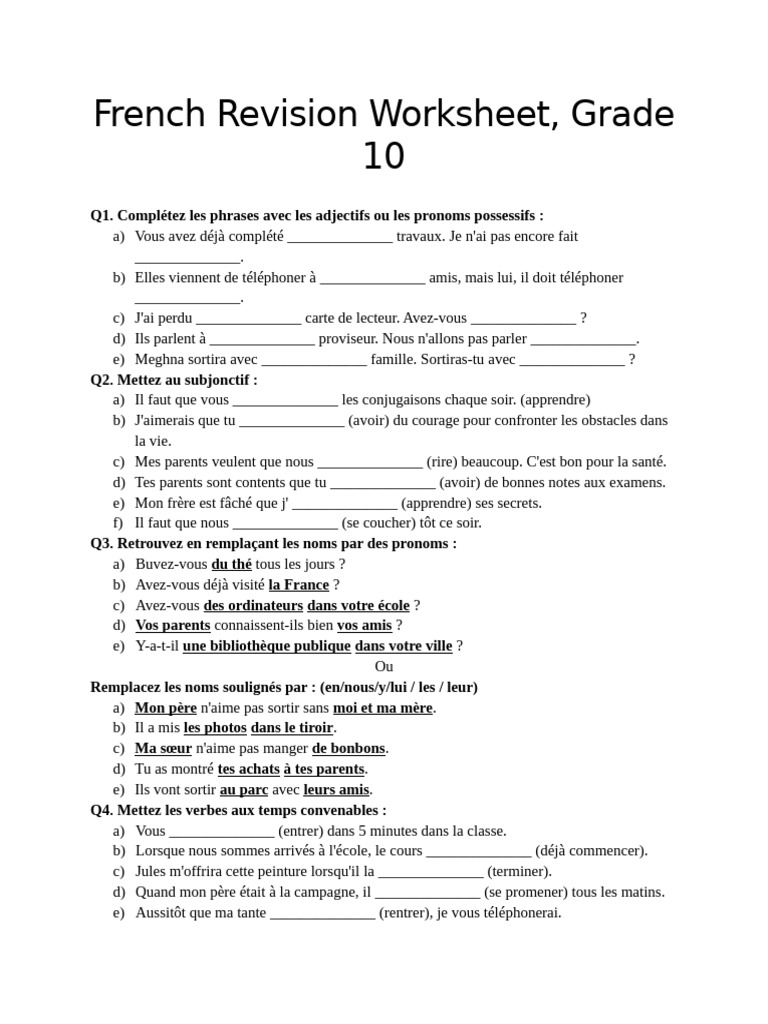 Fiche de révision de français, 10e année | PDF