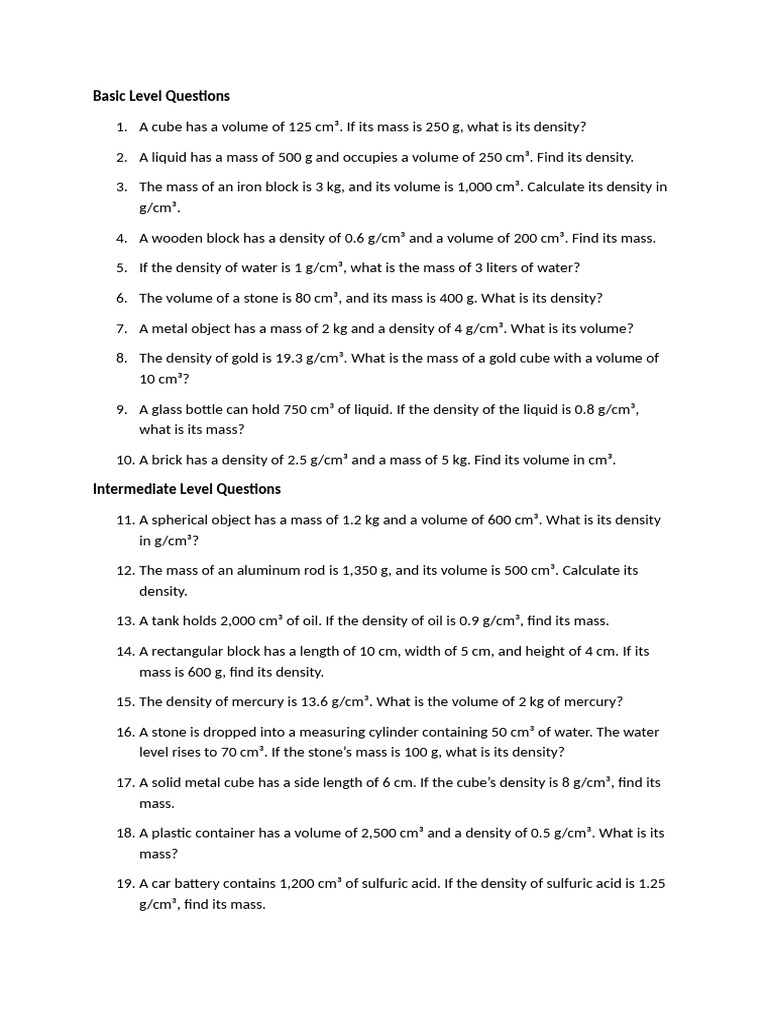 Density Calculation Practice Questions | PDF