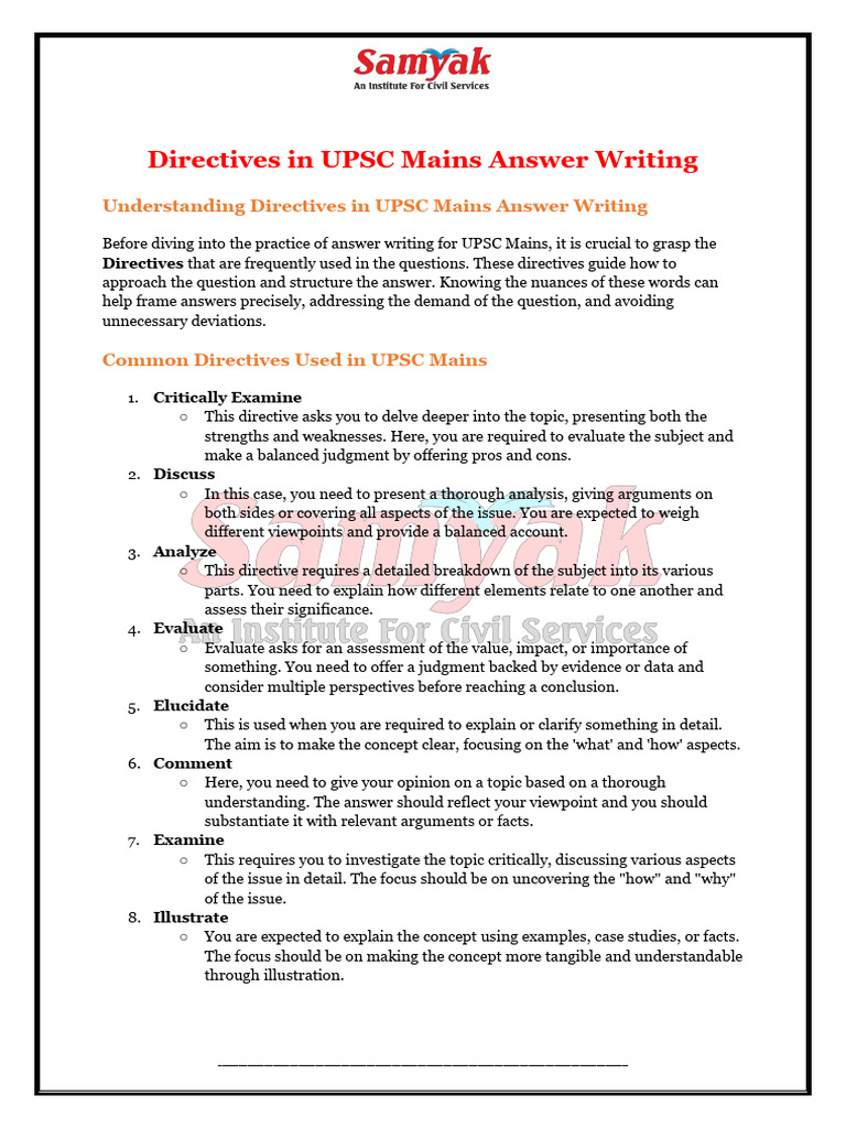 Directives in UPSC Mains Answer Writing | PDF | Evaluation | Cognitive ...