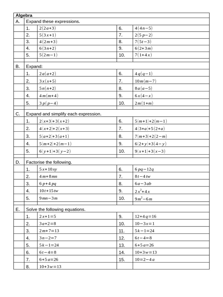Set 4 Summative Questions Related To Expansion, Factorisation & Solving ...