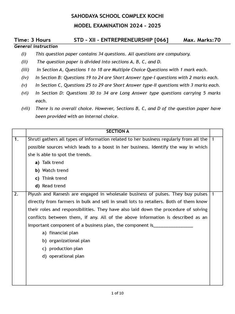 Grade XII - Entrepreneurship QP - Sahodaya 2024 | PDF | Working Capital | Franchising