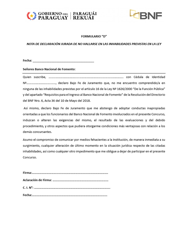 FR1-FORMULARIO D DECLARACIÓN JURADA DE NO HALLARSE EN LAS INHABILIDADES ...