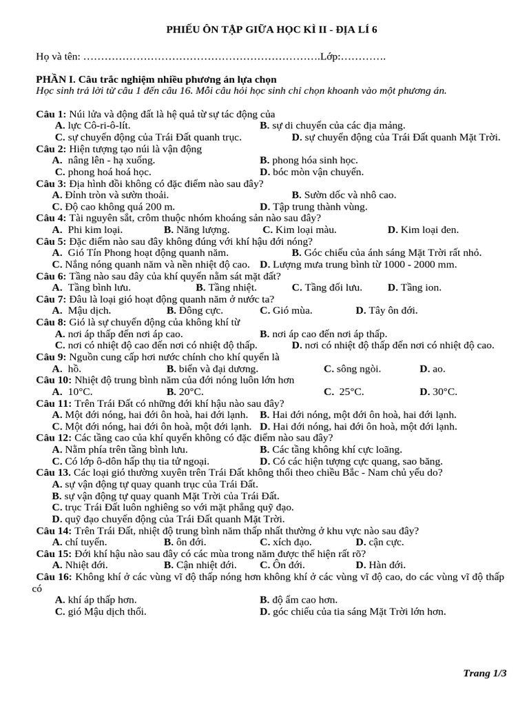 Địa 6 - Phiếu ôn tập giữa HKII | PDF