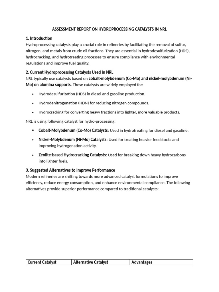 Assessment Report On Hydroprocessing Catalysts in Refineries | PDF ...