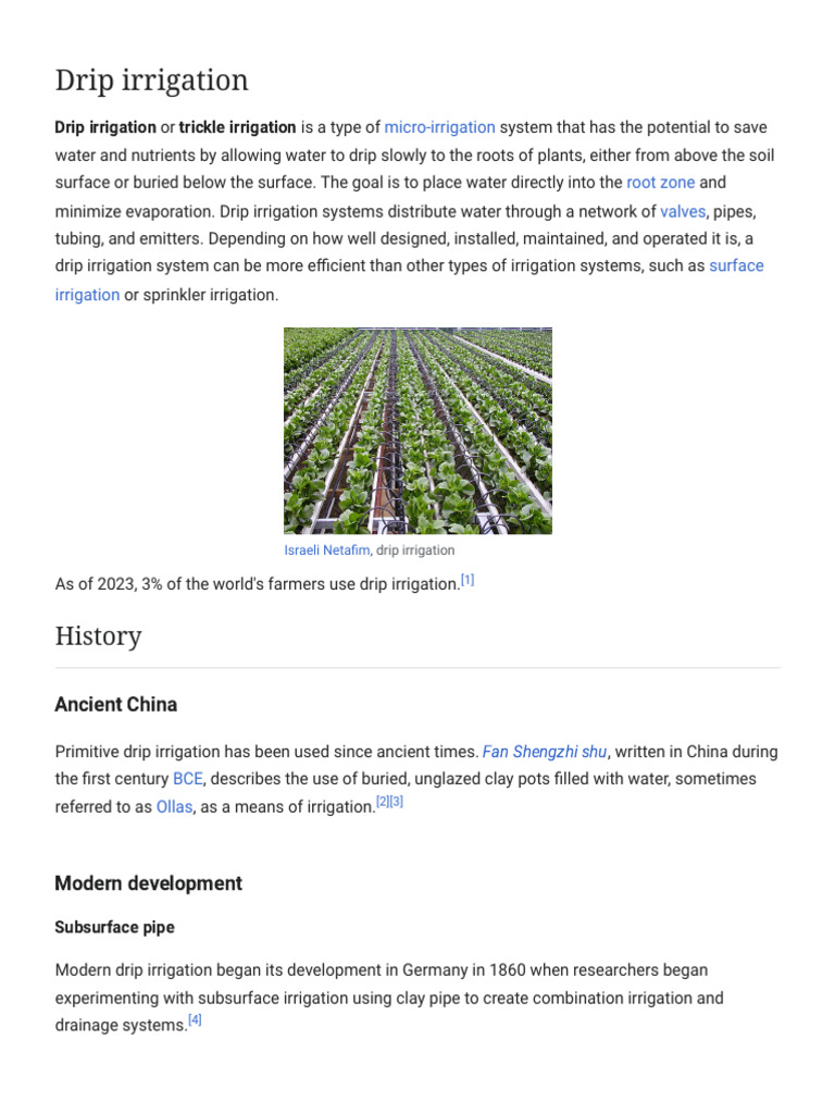 Drip Irrigation - Wikipedia | PDF | Irrigation | Water And The Environment