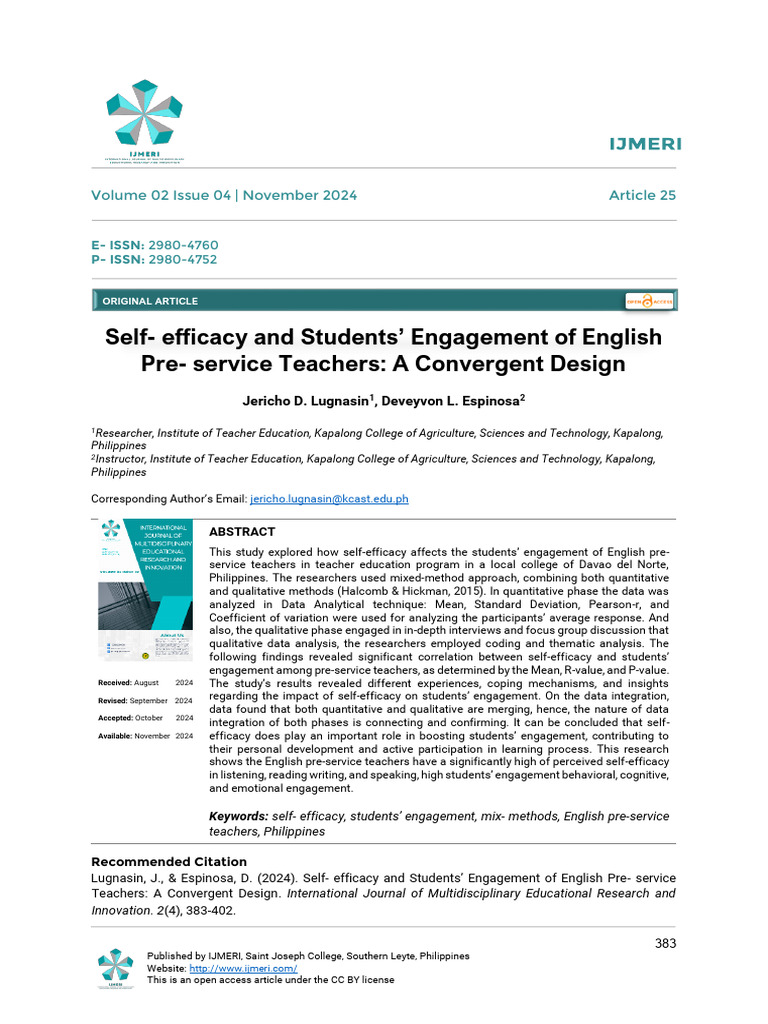 Self-Efficacy A of English Pre - Service Teachers: A Convergent Design ...
