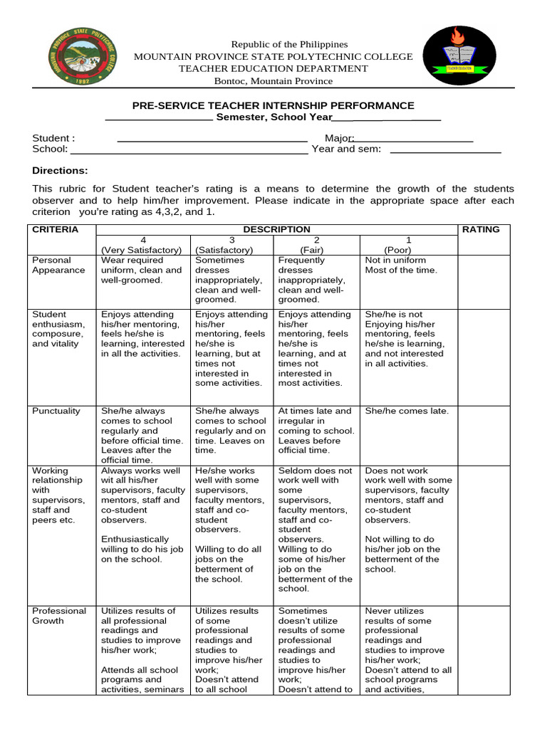 Teacher Internship Performance Rubric | PDF | Teachers | Social Psychology