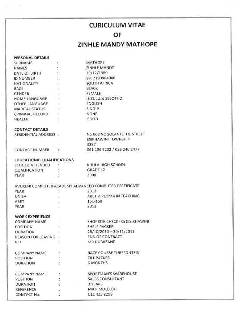 Zinhle M CV | PDF