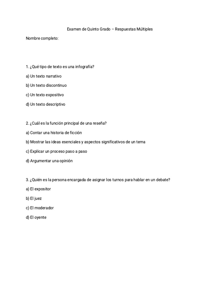 Examen de Quinto Grado: Preguntas y Respuestas | PDF | México