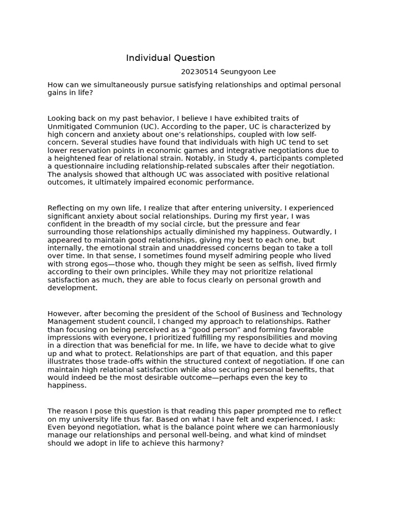Individual Question | PDF | Negotiation | Happiness
