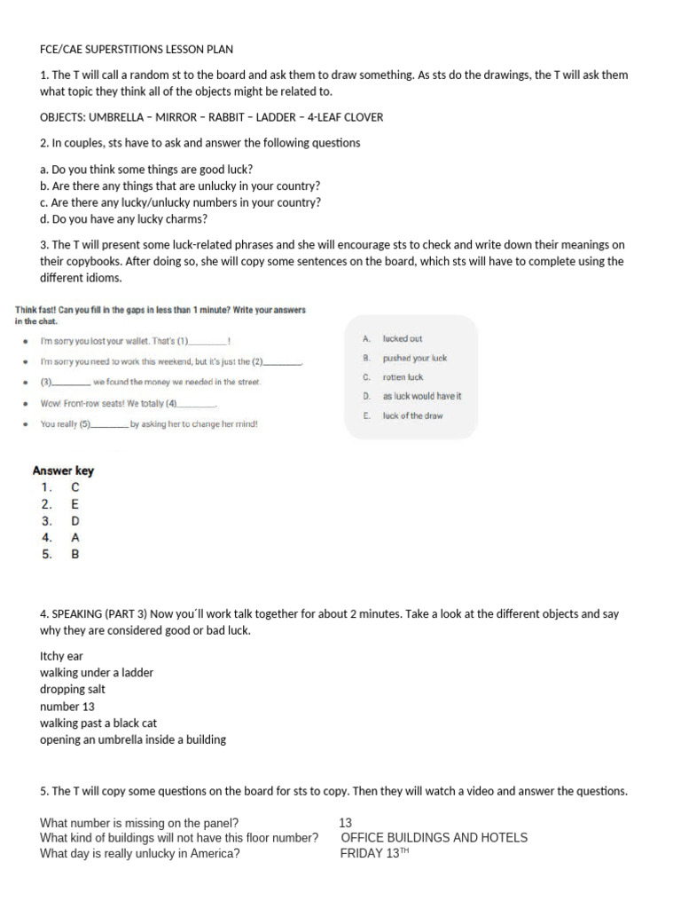 B2-C1 Superstitions Lesson Plan | PDF | Superstitions | Luck