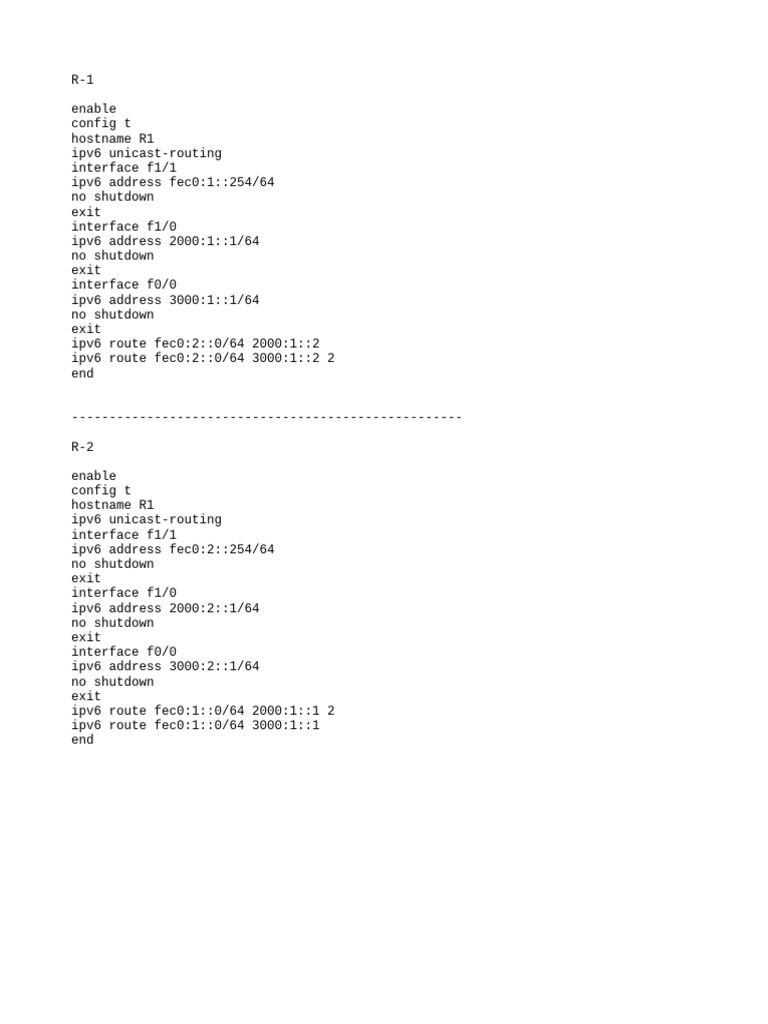 Static Routing IPv6 Configurations With Redundancy and Load Balance Configuration Files R-1 & R ...