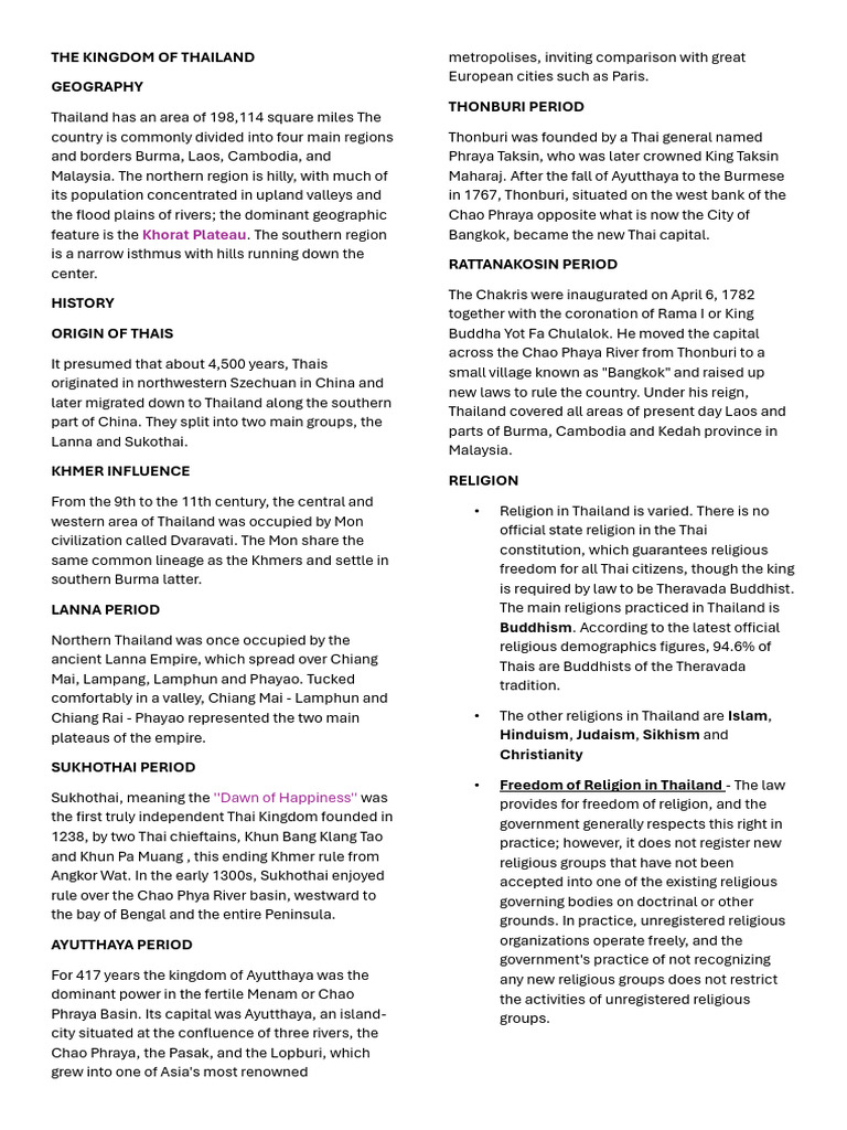Overview of Thailand's Geography and History | PDF | Thailand | Government