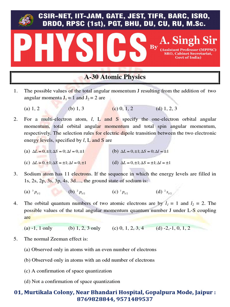 CSIR-NET (JRF) A-30 Atomic Physics | PDF | Atomic Orbital | Energy Level