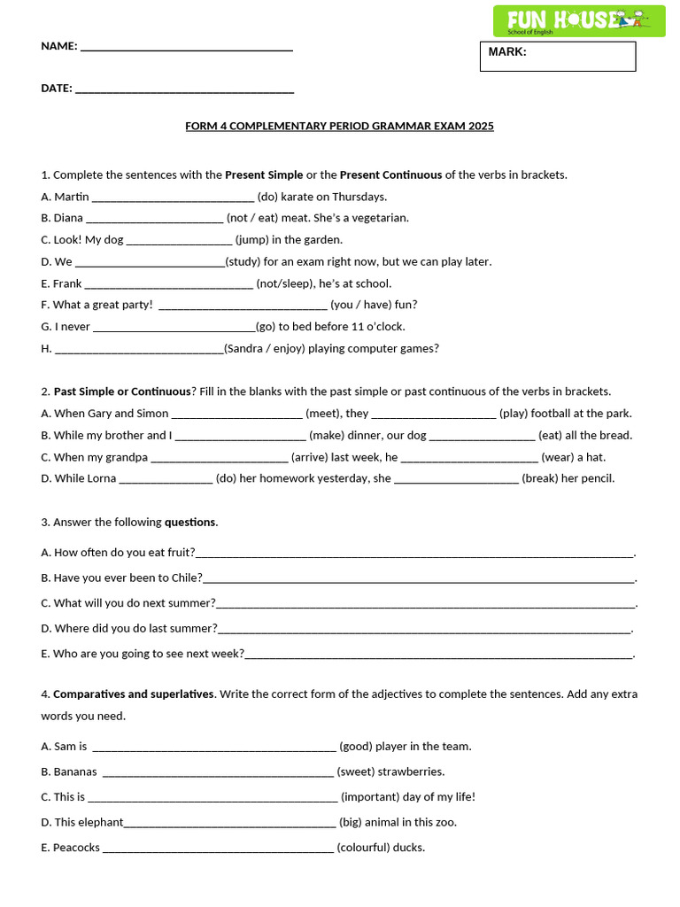 Form 4 Complementary Period Grammar Exam 2025 | PDF | Linguistics | Grammar