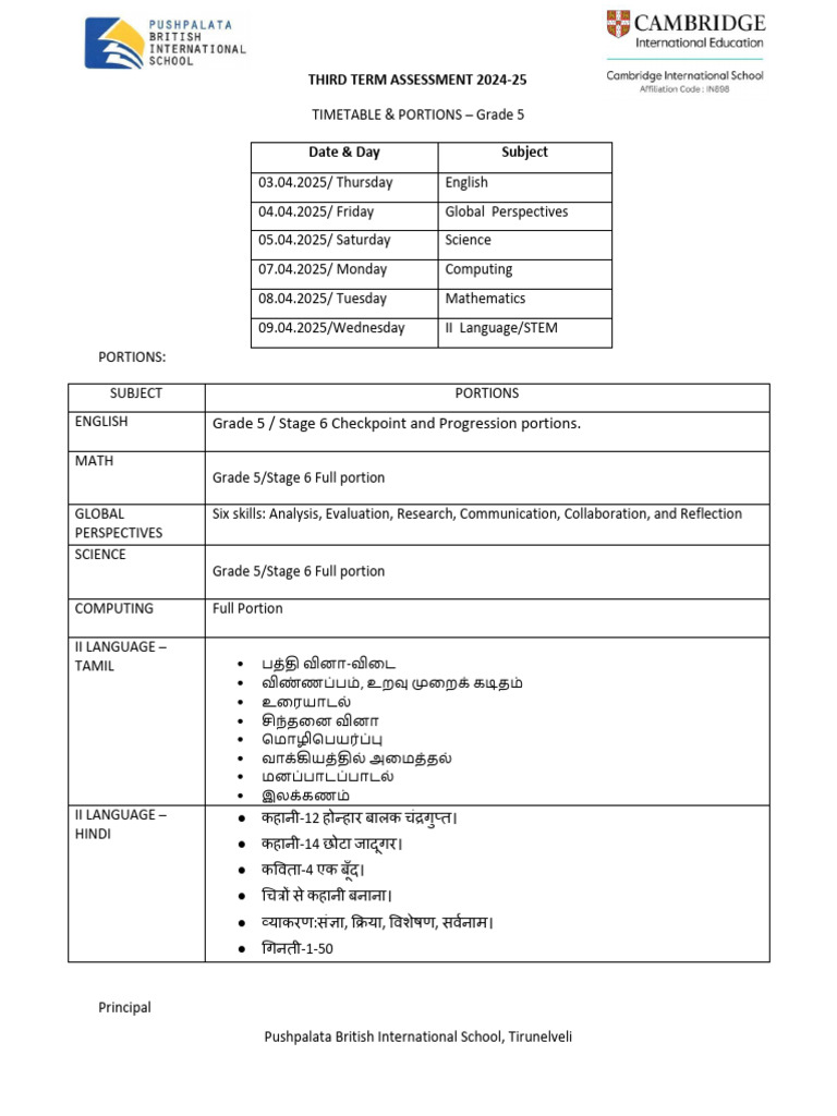Gr-5-Term3 2024-25 - Timetable & Portions | PDF