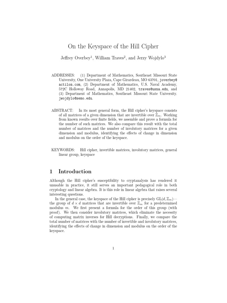 On The Keyspace of The Hill Cipher | PDF | Matrix (Mathematics ...