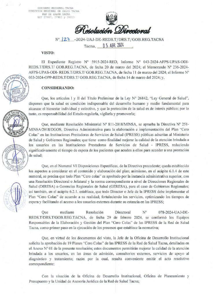 Gob - Reg.tacna - Aprobar Los Planes Cero Colas de Las Ipress de La Red de Salud Tacna 2024 | PDF