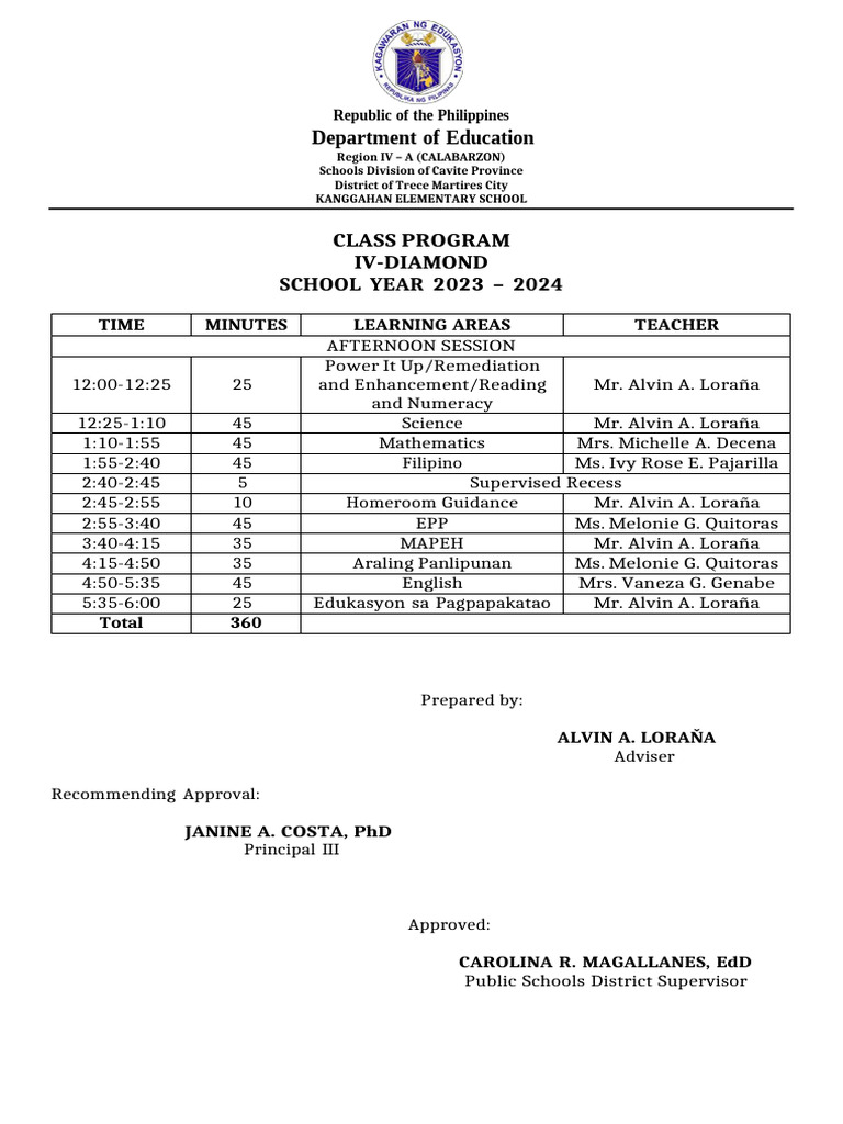 Kangghahan Elementary School Class Programs 2023-2024 | PDF | Teachers | Schools