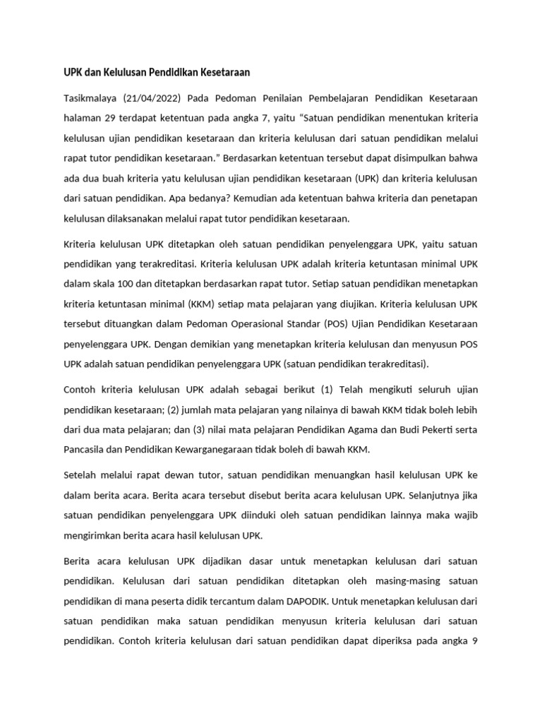2022 04 11 UPK Dan Kelulusan Pendidikan Kesetaraan | PDF