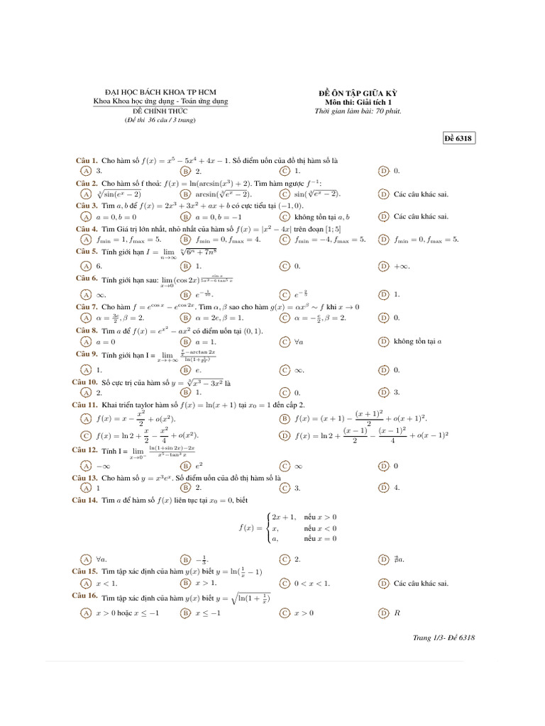 De Thi Trac Nghiem Mon Giai Tich 1 Dai Hoc Bach Khoa Ha Noi 77646 | PDF