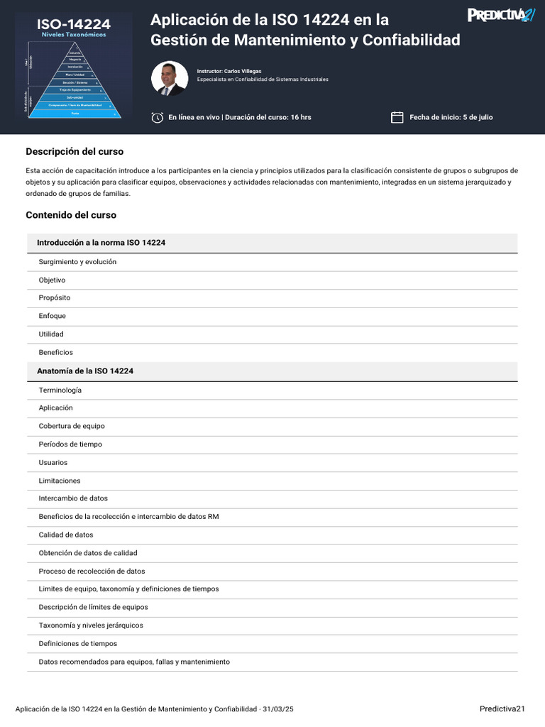 Ficha Tecnica Curso Aplicacion de La Iso 14224 en La Gestion de ...