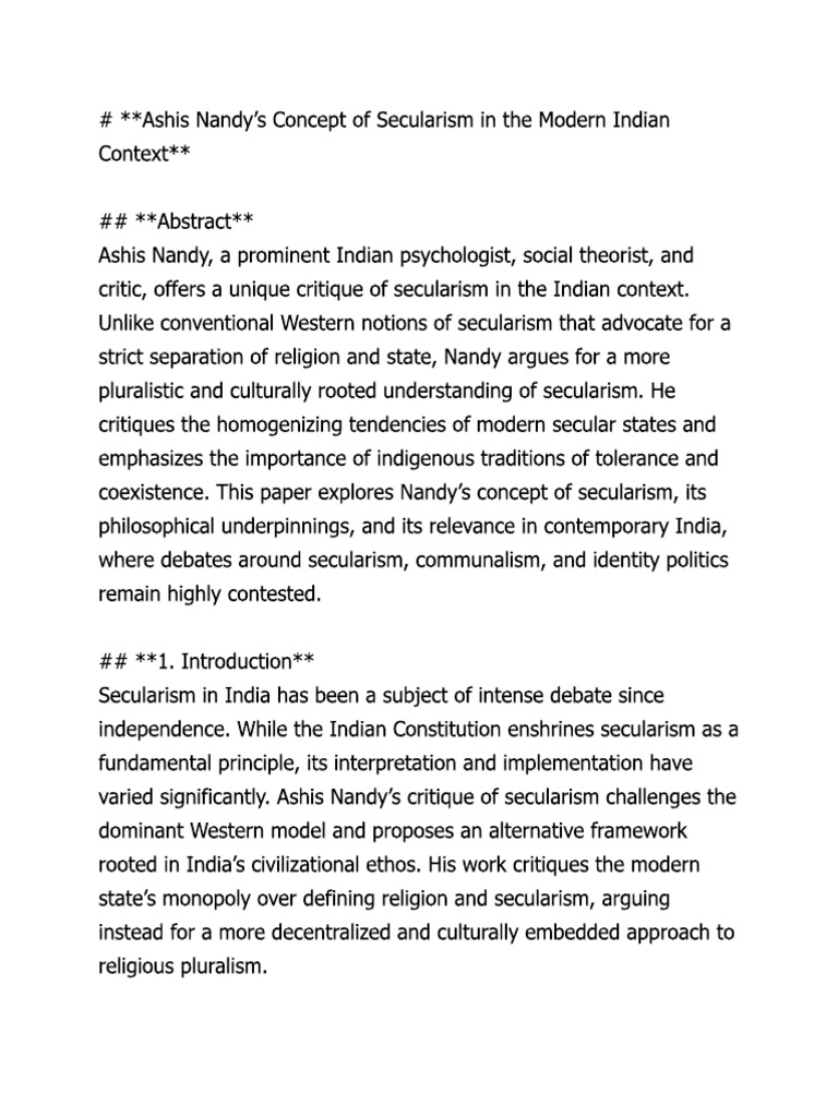 Ashis Nandy's Concept of Secularism in The Modern Indian Context | PDF