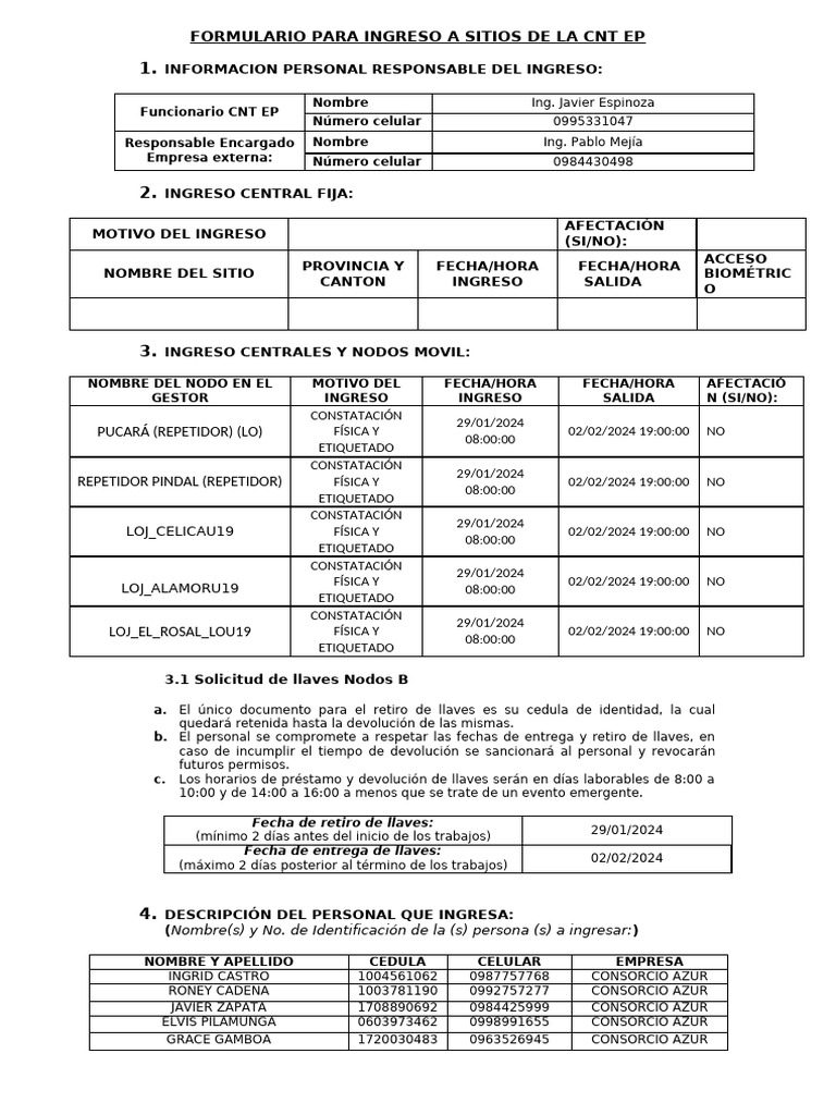 Formulario para Ingreso A Sitios de La CNT Ep Loja - 2 | PDF