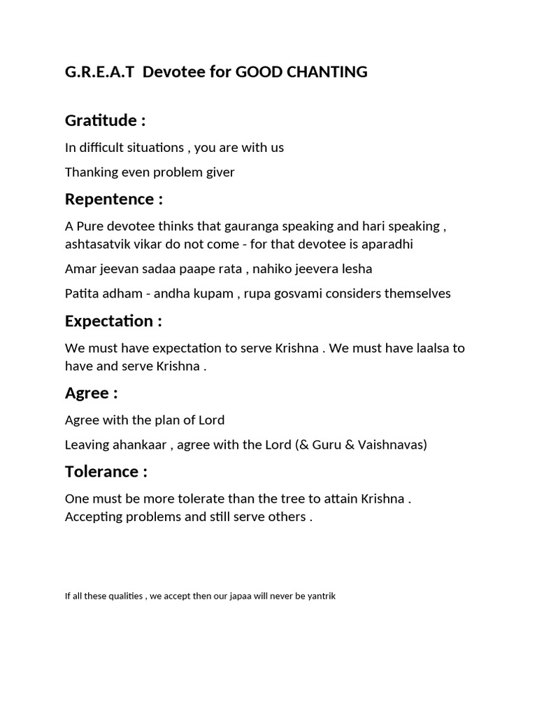 G.R.E.A.T Devotee For Good Chanting | PDF